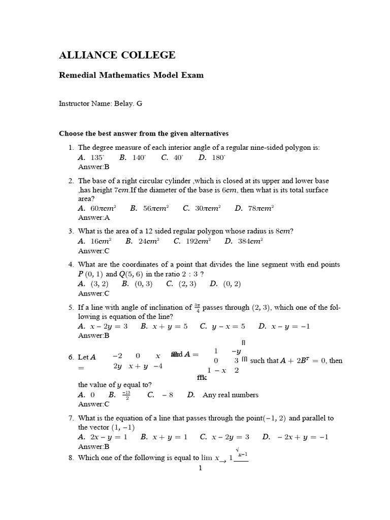 Model Exam For Remedial Alliance | PDF | Area | Angle