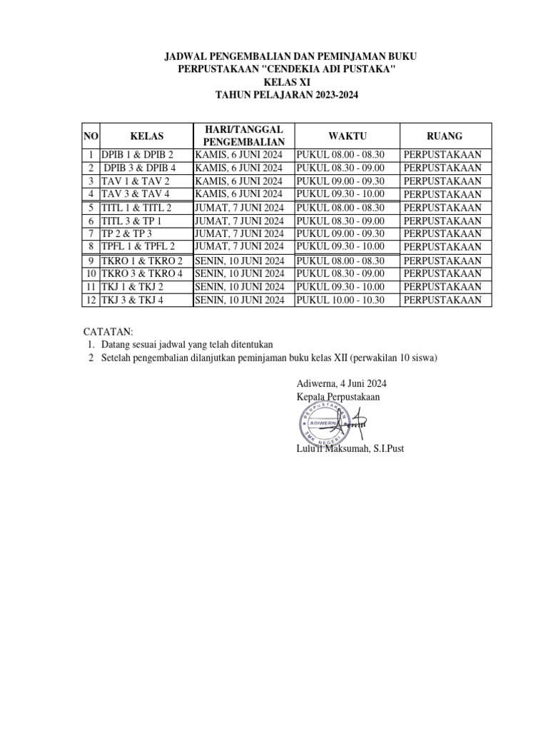 Jadwal Pengembalian & Peminjaman Buku Kelas XI | PDF