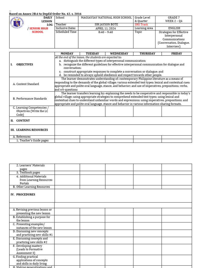 DLL Template 2 | Download Free PDF | Learning | Human Communication