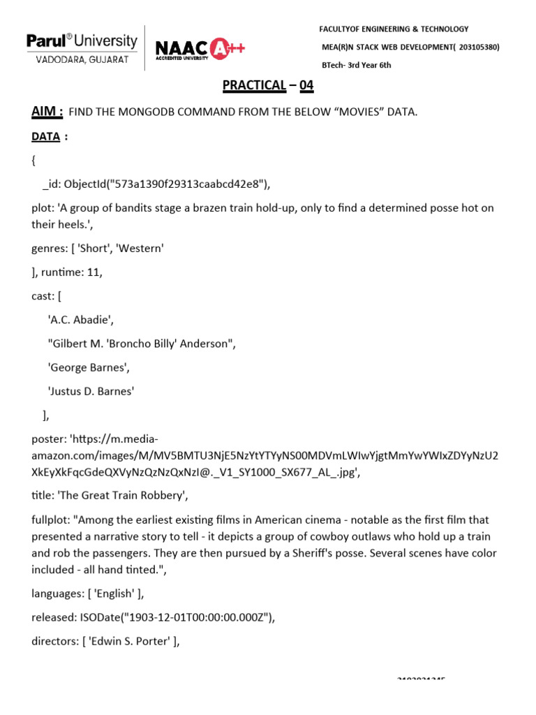 MongoDB Queries for Movie Data Analysis | PDF | Computer File | Area