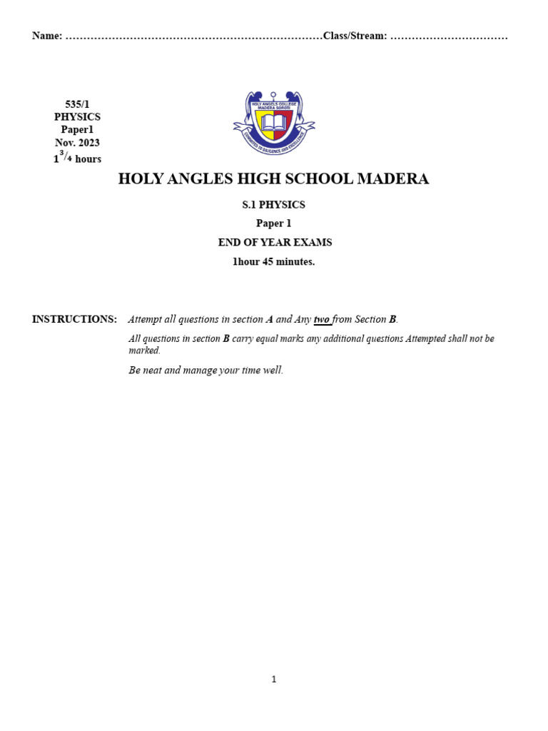 S.1 Phy E.O.Y 2023 | PDF | Teaching Methods & Materials