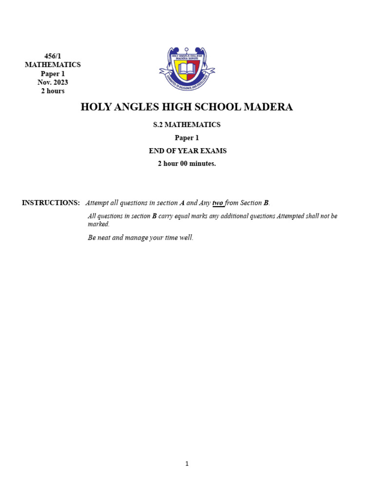 S.2 Mathematics Exam Paper 2023 | PDF