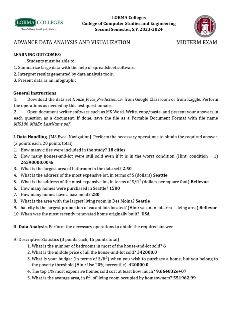 Advanced Data Analysis Midterm Exam | PDF | Data | Microsoft Excel