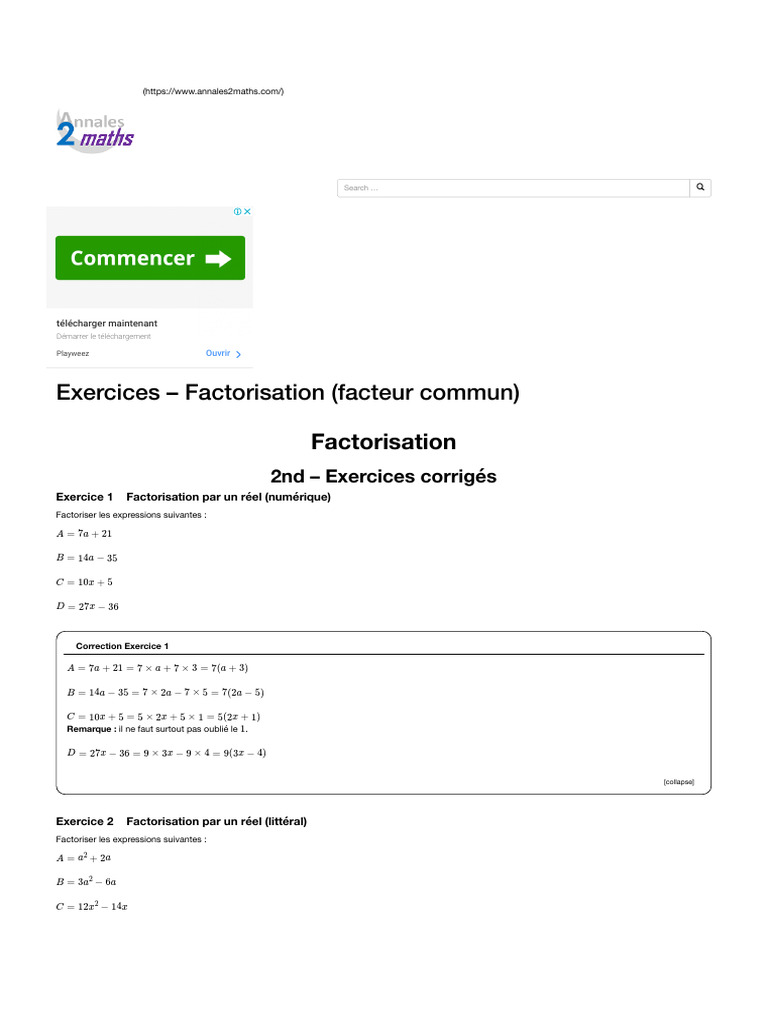 Exercices Corrigés - 3ème & 2nd - Factorisation (Facteur Commun) | PDF