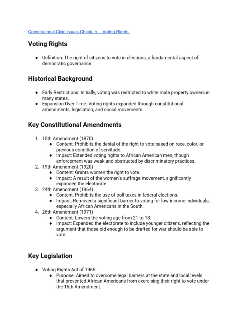 Constitutional Civic Issues Check in - Voting Rights | PDF | Voting ...