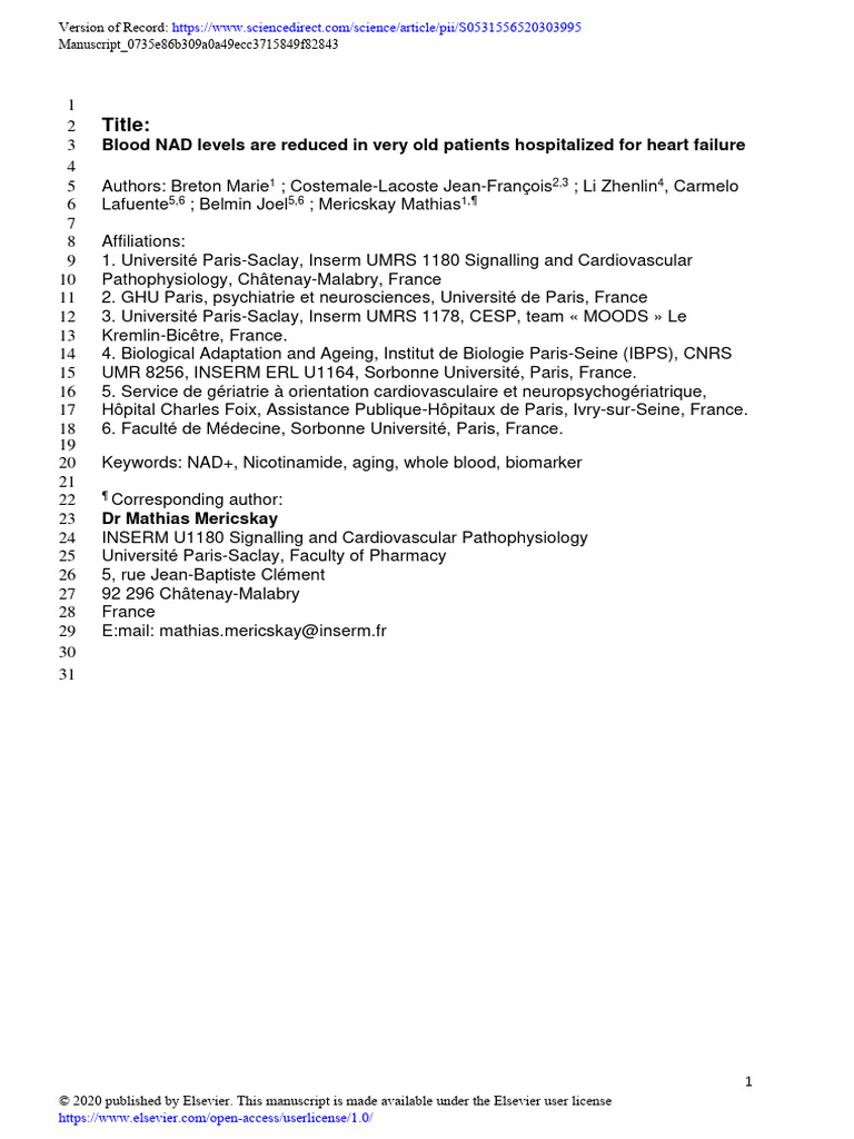 Blood NAD levels are reduced in very old patients hospitalized for ...