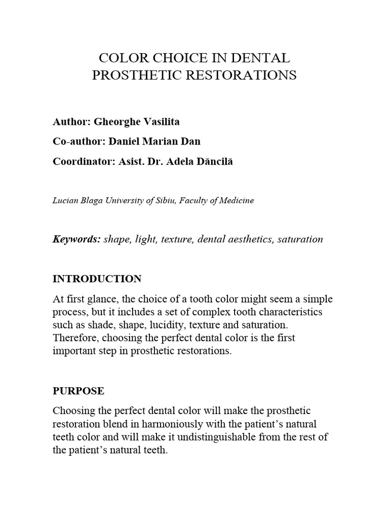 Color Choice in Dental Prosthetic Restorations - Abstract | PDF | Color ...