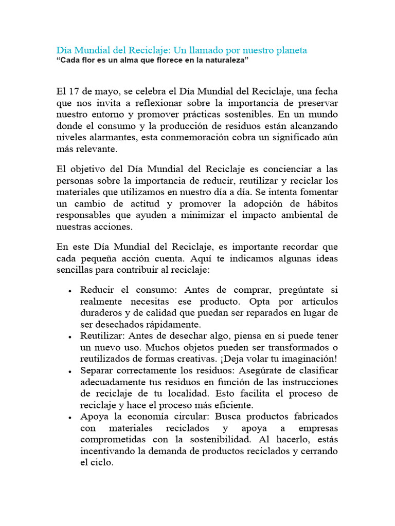 Día Mundial del Reciclaje: Acciones Sostenibles | PDF | Reciclaje ...