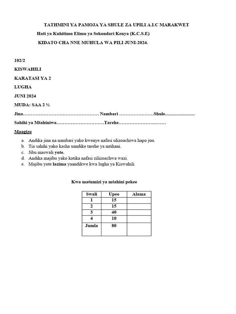 A.I.C JOINT KISWAHILI MOCKS TERM 2 2024 pp2 | PDF