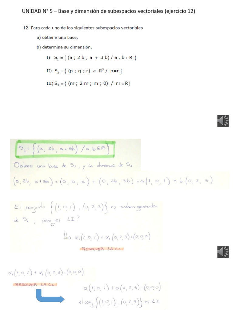 UNIDAD #5 - Base y Dimensión de Subespacios Vectoriales (Ejercicio 12) | PDF