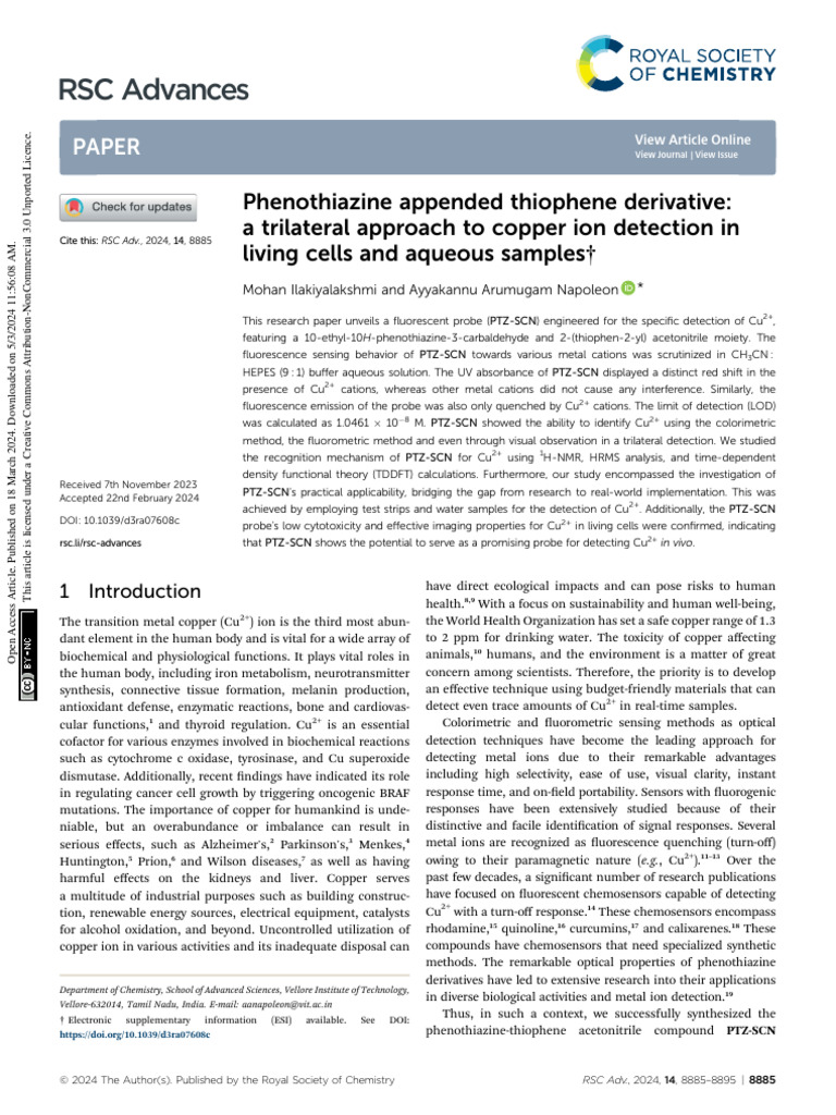 Copper Ion Detection with PTZ-SCN Probe | PDF | Fluorescence ...
