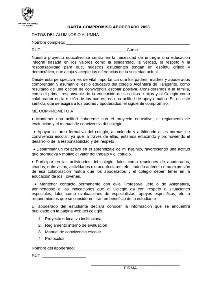 Carta Compromiso Apoderado 2023 | PDF | Evaluación | Maestros