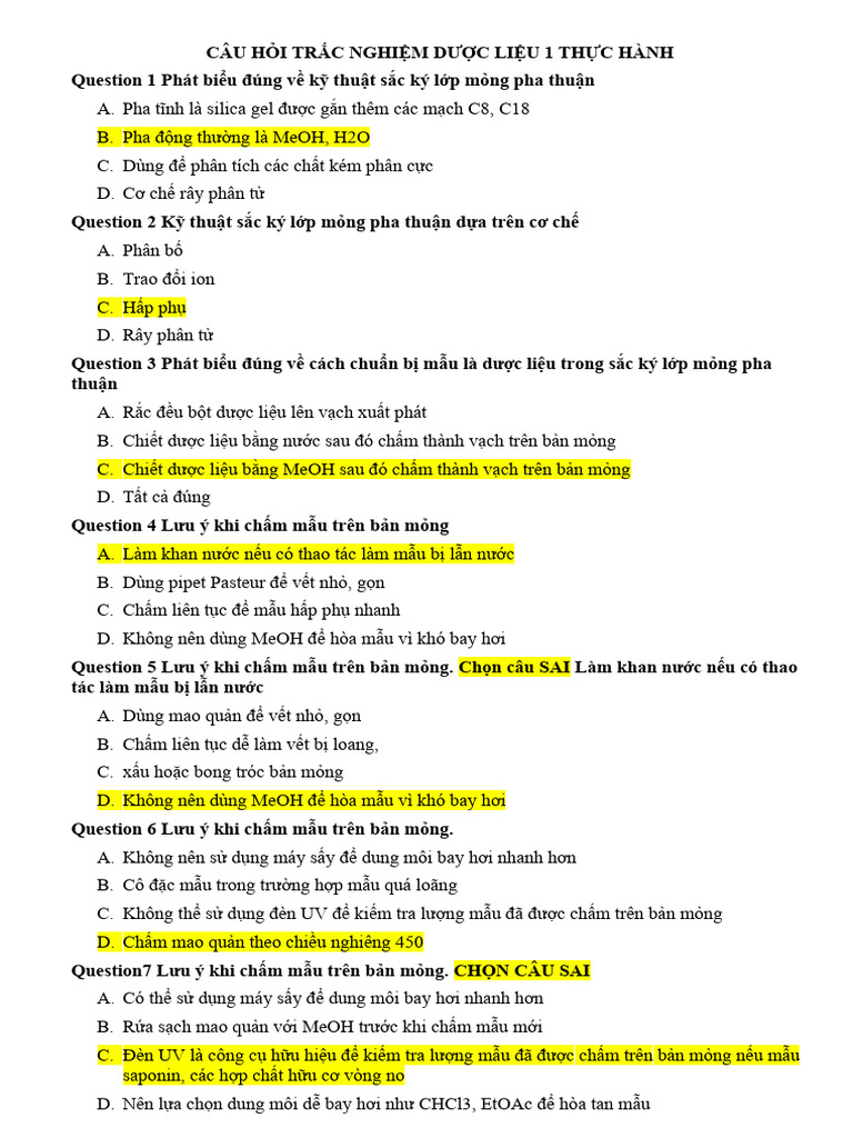 Trắc Nghiệm Dược Liệu 1 TH | PDF