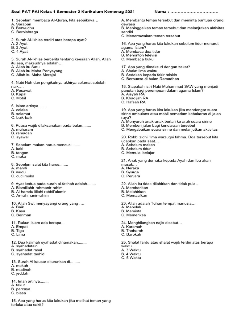 Soal PAT PAI Kelas 1 Semester 2 Kurikulum Kemenag 2021 | PDF