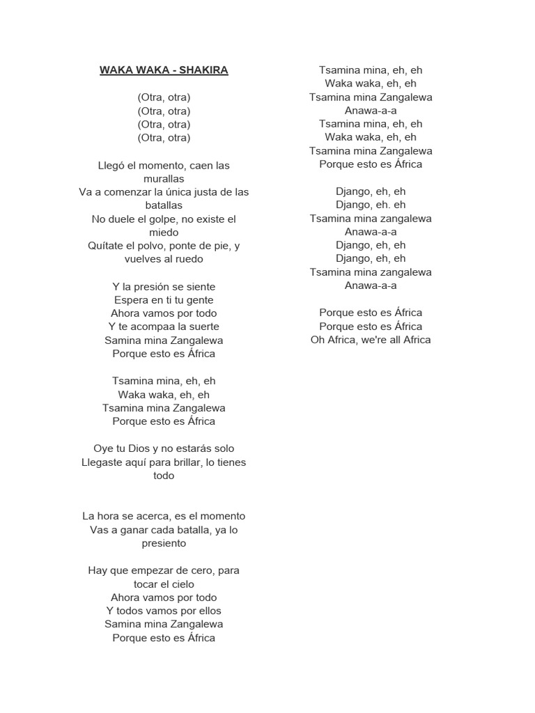 Letra WAKA WAKA - Shakira (Versión OT) | PDF