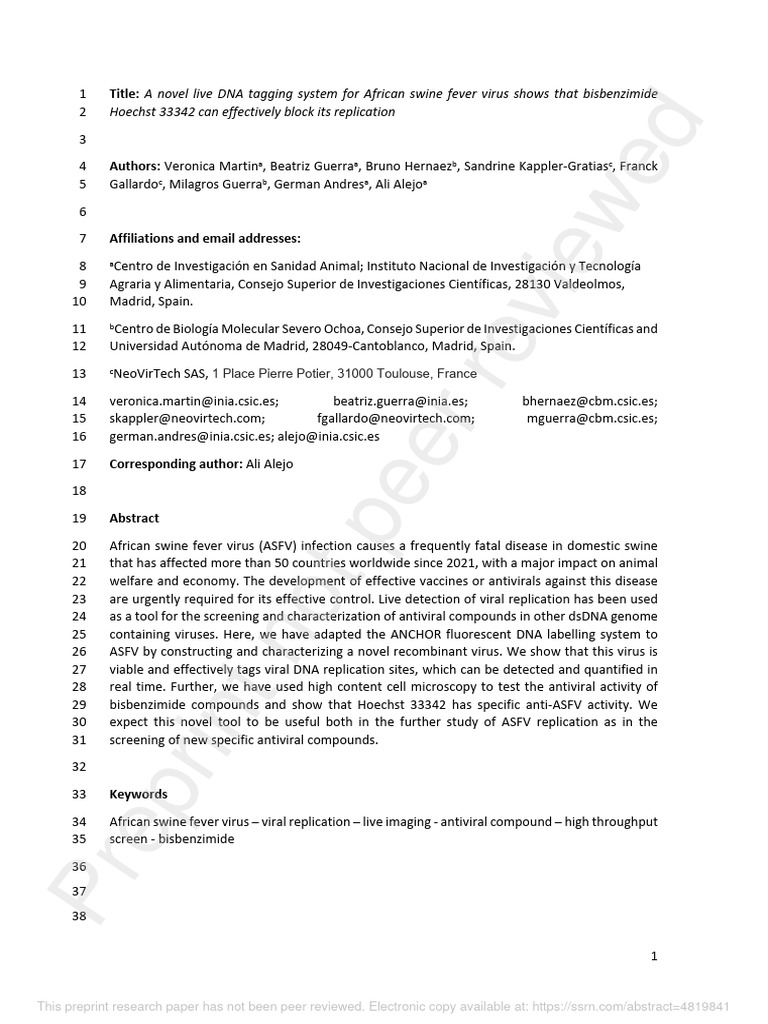 A Novel Live DNA Tagging System For African Swine Fever Virus | PDF ...
