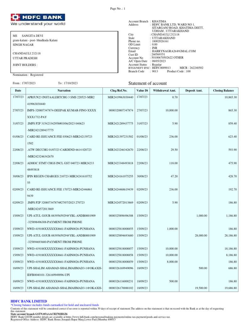 HDFC Bank Account Statement Jul-Sep 2023 | PDF | Financial Technology ...