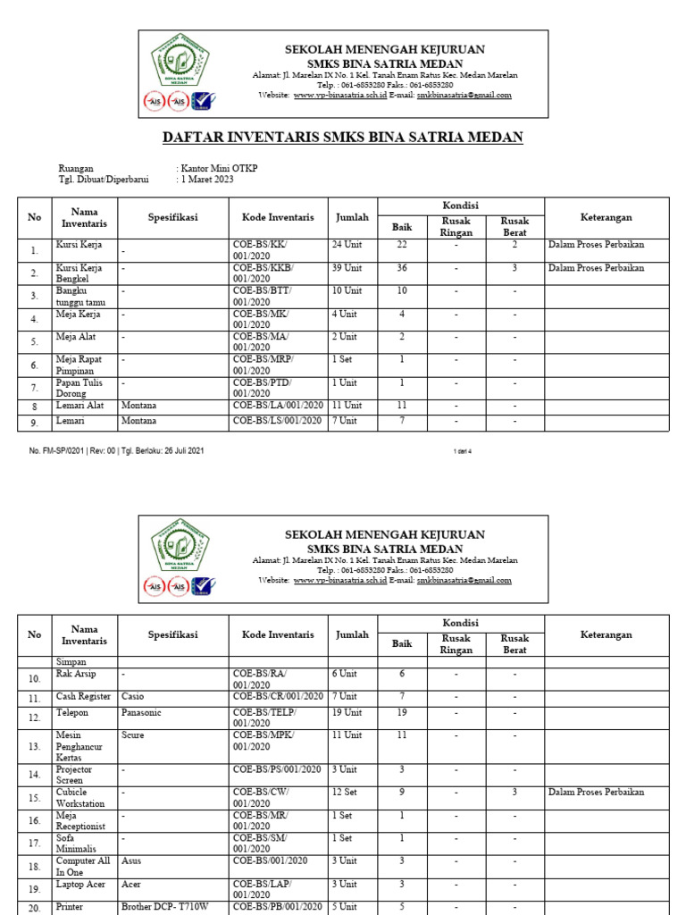 FM0201. Daftar Inventaris Sarpras MPLB Terbaru | PDF