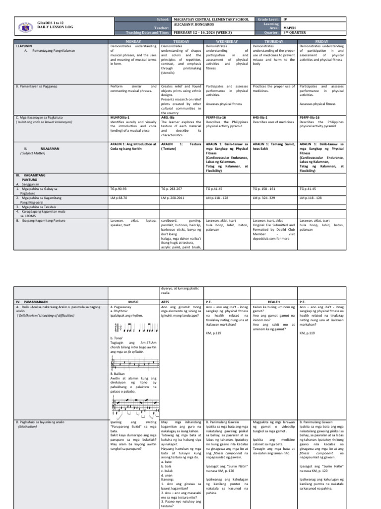 DLL - Mapeh 4 - Q3 - W3 | PDF