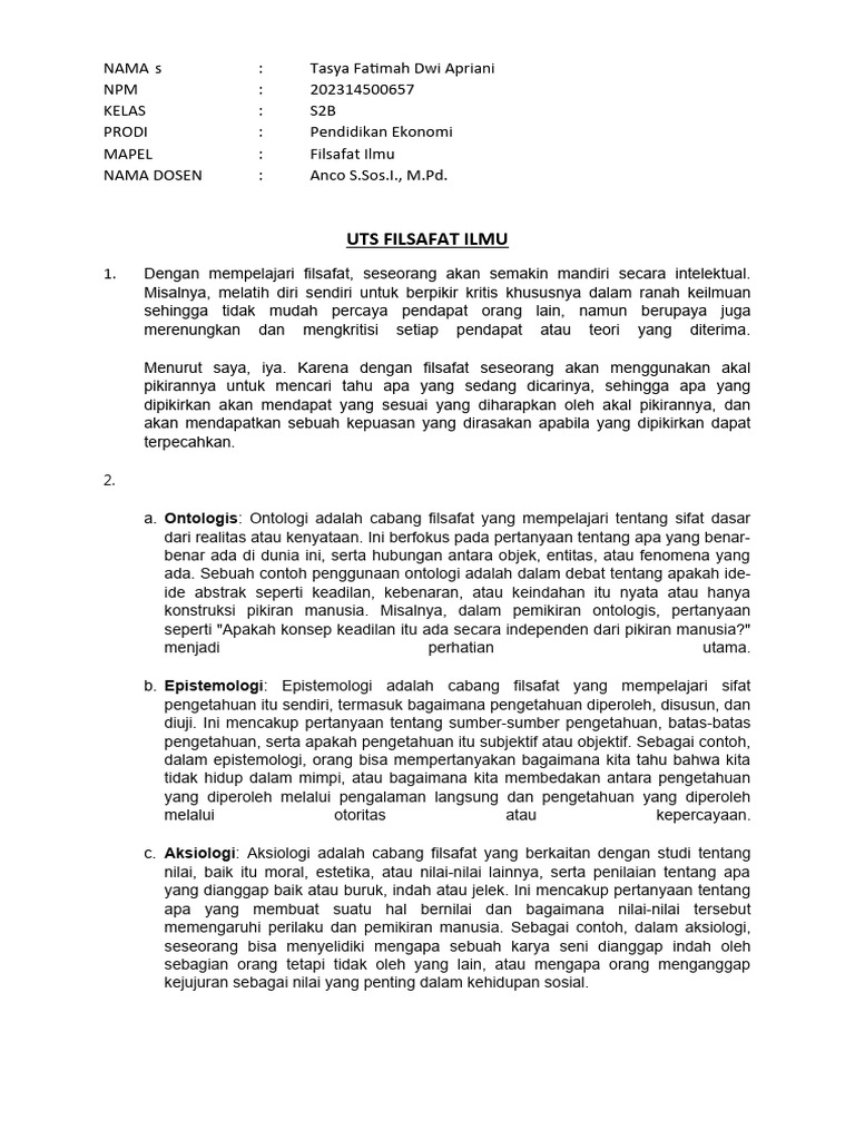 Tasya Fatimah Dwi Apriani - 202314500657 - S2B - UTS - Filsafat Ilmu | PDF | Filsafat | Sains ...