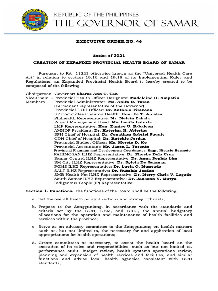Executive Order (Creation of Expanded Provincial Health Board of Samar ...