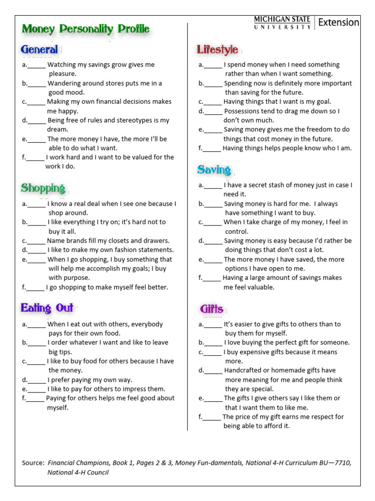Money Personality Assessment | PDF | Money | Self Esteem