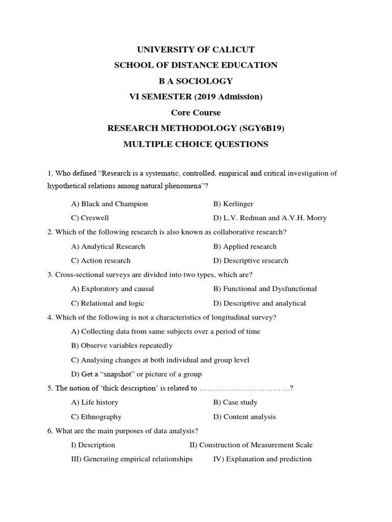 MCQ- Research Methodology | Download Free PDF | Survey Methodology ...