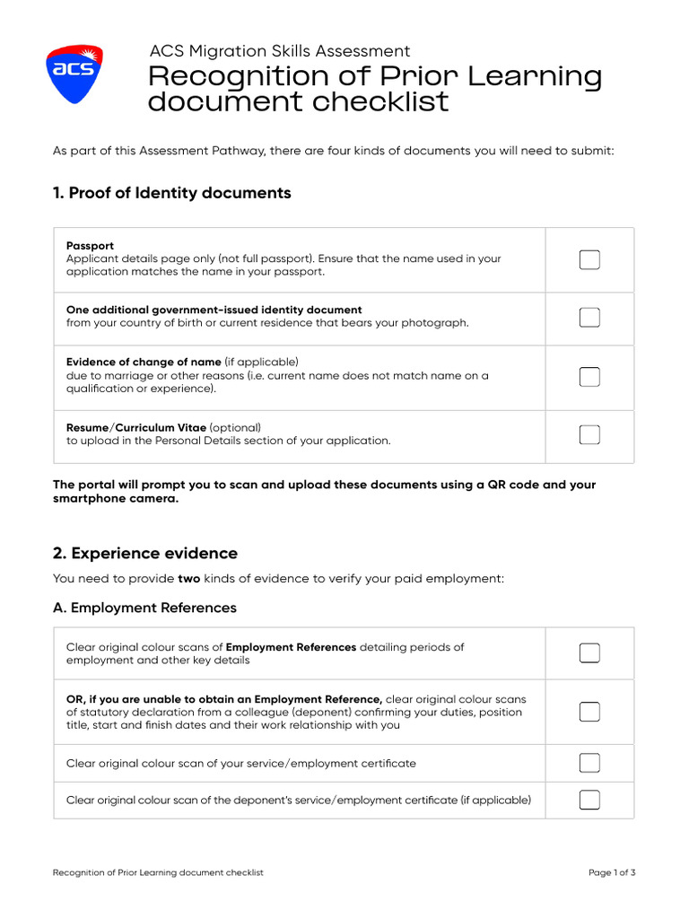 ACS RPL Document Checklist | PDF | Career & Growth