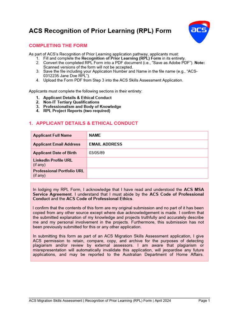 ACS Recognition of Prior Learning (RPL) Form 2024 v2 | PDF | Computing