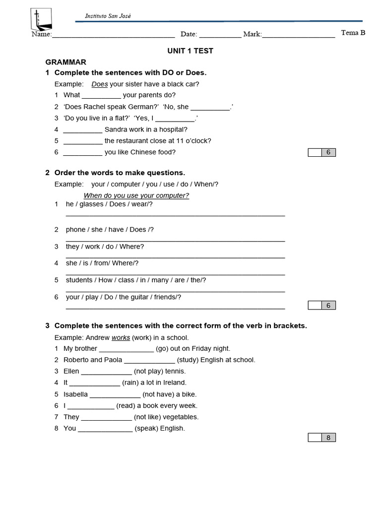 Test Unit 1 Tema B | PDF | Grammar | Linguistics