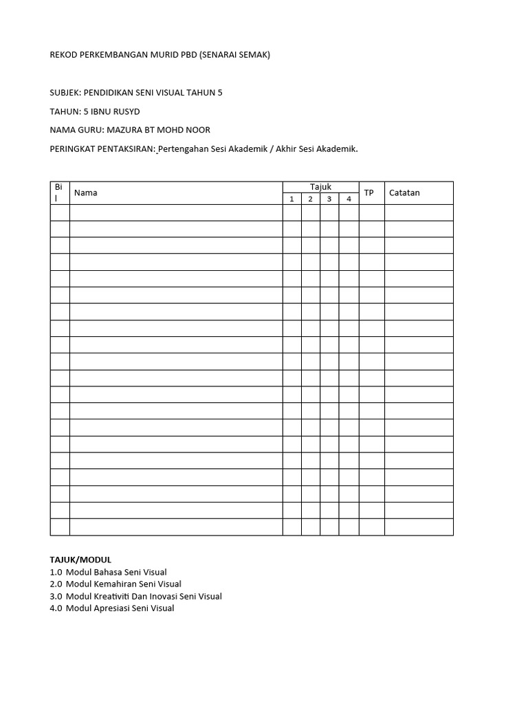 Rekod Transit PBD PSV THN 5 (Senarai Semak) | PDF