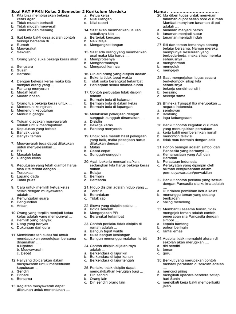 Soal PAT PPKN Kelas 2 Semester 2 Kurikulum Merdeka | PDF