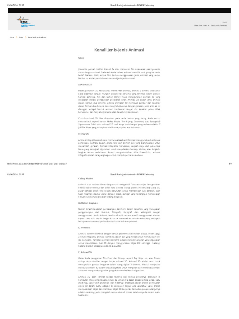 Kenali Jenis-Jenis Animasi - BINUS University | PDF