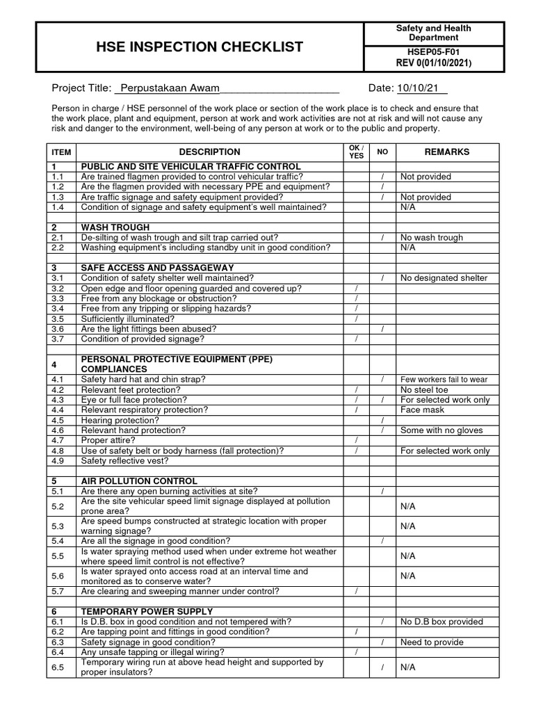 Hse Inspection Checklist | PDF | Scaffolding | Personal Protective ...