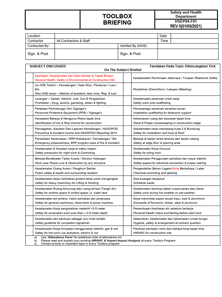 Hsep04-F01 - Toolbox Briefing Rev.01 2019 | PDF | Occupational Safety ...