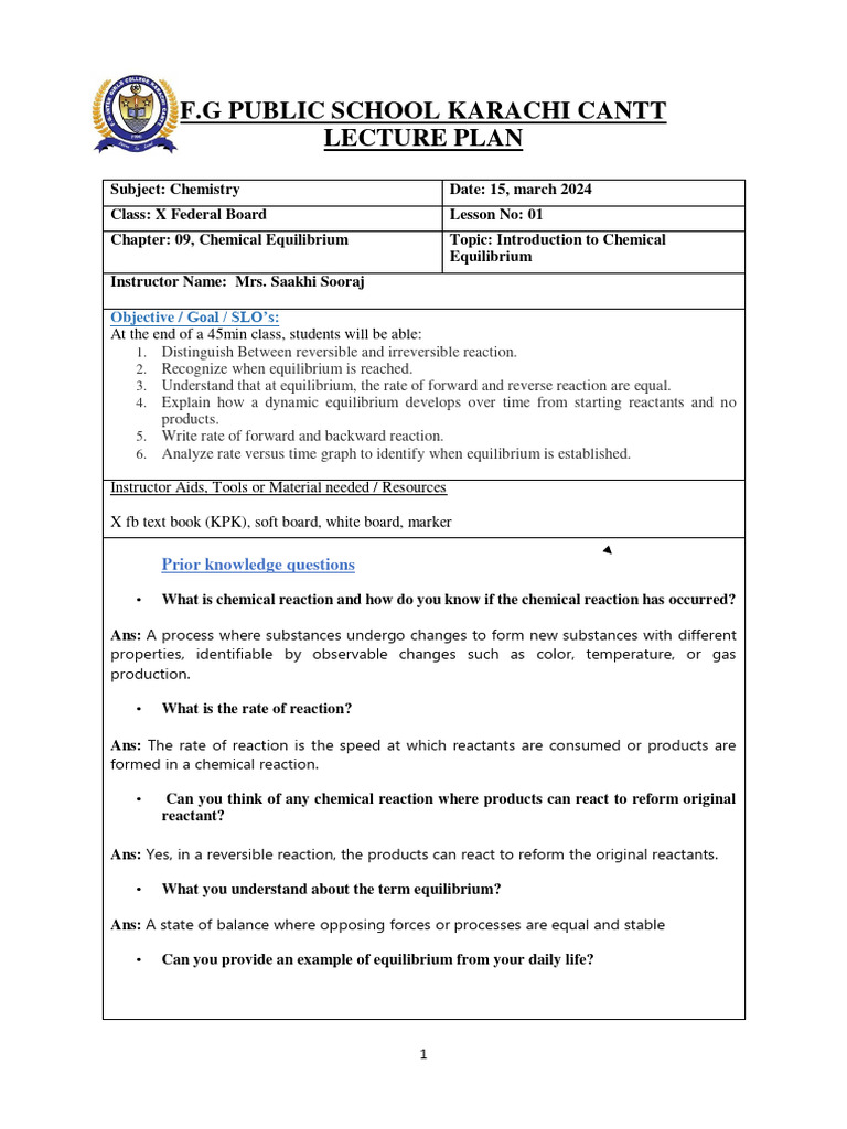 1 Lesson Plan Chemical Equilbrium | PDF | Chemical Equilibrium ...