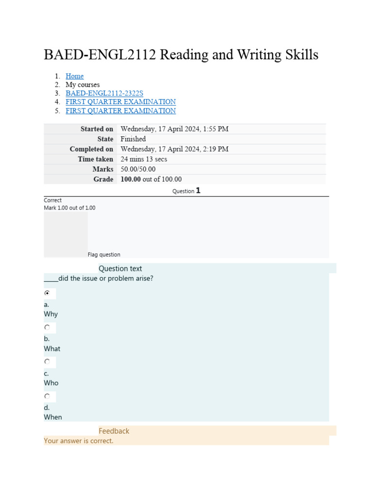 BAED-ENGL2112 Reading and Writing Skills 1st quarter exam | PDF ...