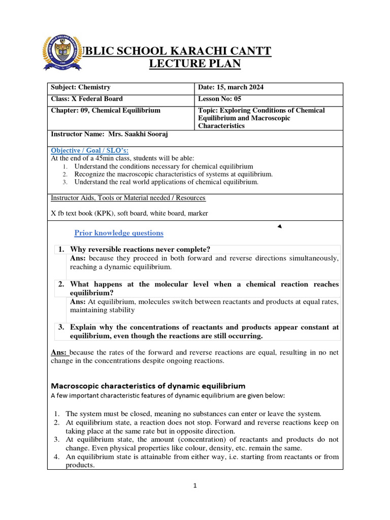 Lesson Plan 5 | PDF | Chemical Equilibrium | Reaction Rate