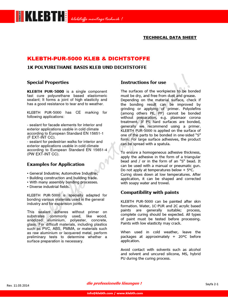 KLEBTH PUR-5000 Sealant Overview | PDF | Paint | Polyurethane