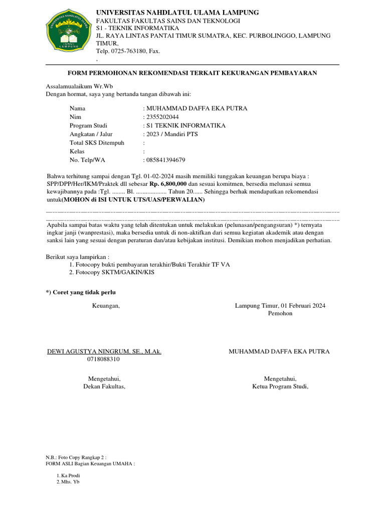 Form Rekomendasi Kekurangan Bayar | PDF