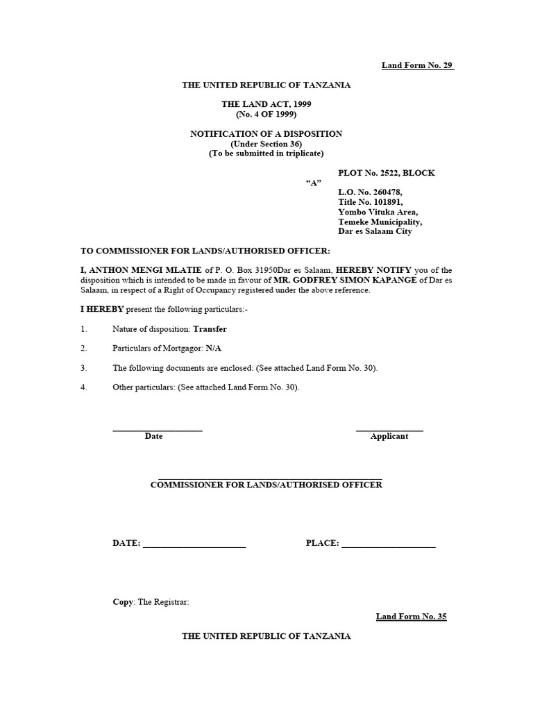 Sample - Conveyancing - Transfer of Undeveloped Land - Docs Involved | PDF | Tanzania | Private Law