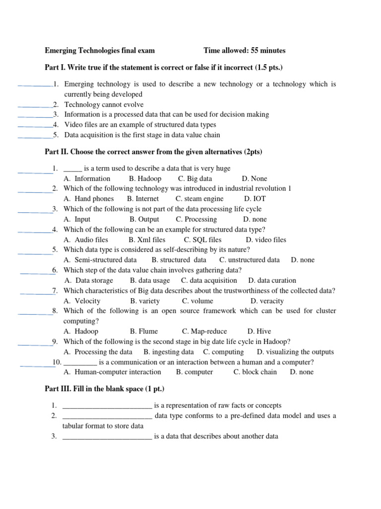 Emerging Technologies Final Exam Guide | PDF | Data | Big Data