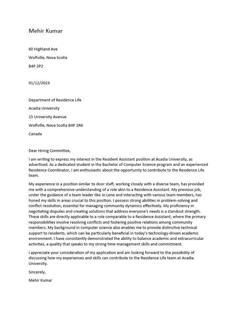 Resident Assistant Application at Acadia | PDF | Career & Growth
