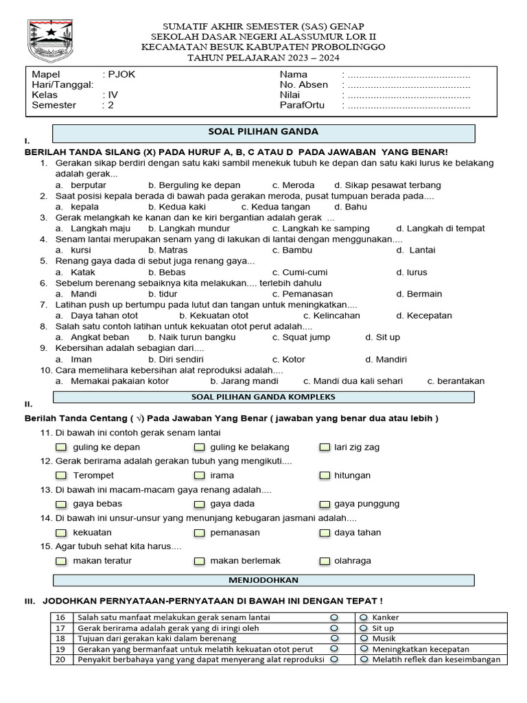 Soal Sas Pjok Kelas 4 SMT 2 Akm | PDF