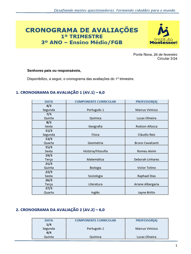 Cronograma de Provas 3º Ano 1º Trim 2024 PDF | PDF | Inquérito ...
