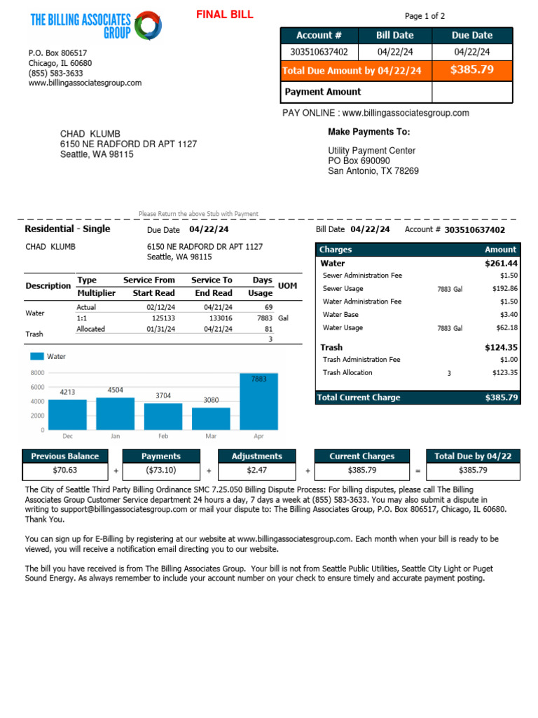 Seattle Utility Bill Due April 2024 | PDF | Cheque | Fee