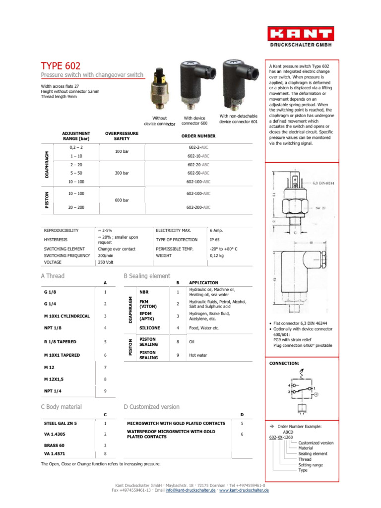 Data Sheet Type 602 1 | PDF | Switch | Electrical Connector