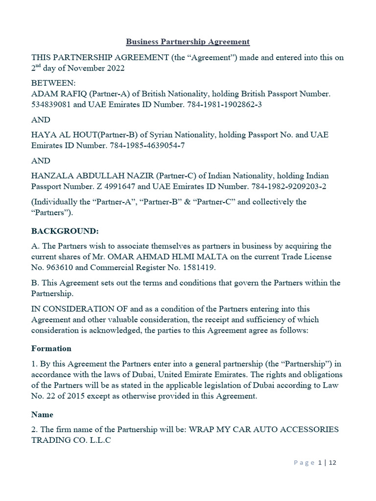 Business Partnership Agreement | Download Free PDF | Partnership | Indemnity