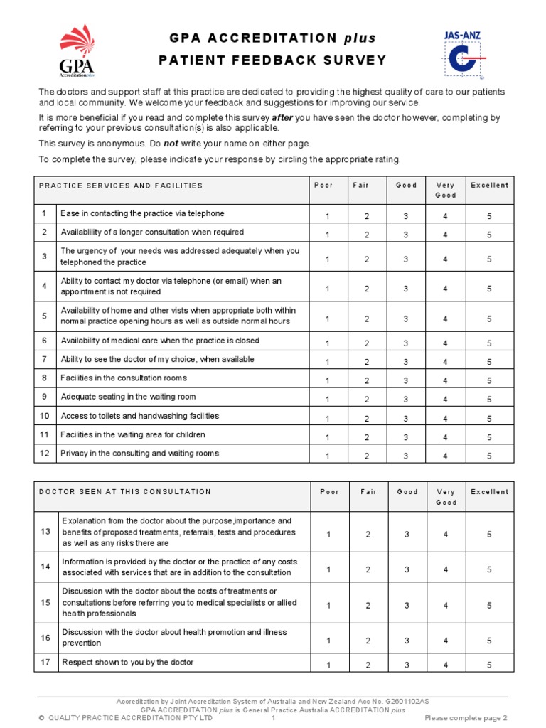 GPS - GPA Plus Patient Survey Questions | PDF | Patient | Service ...