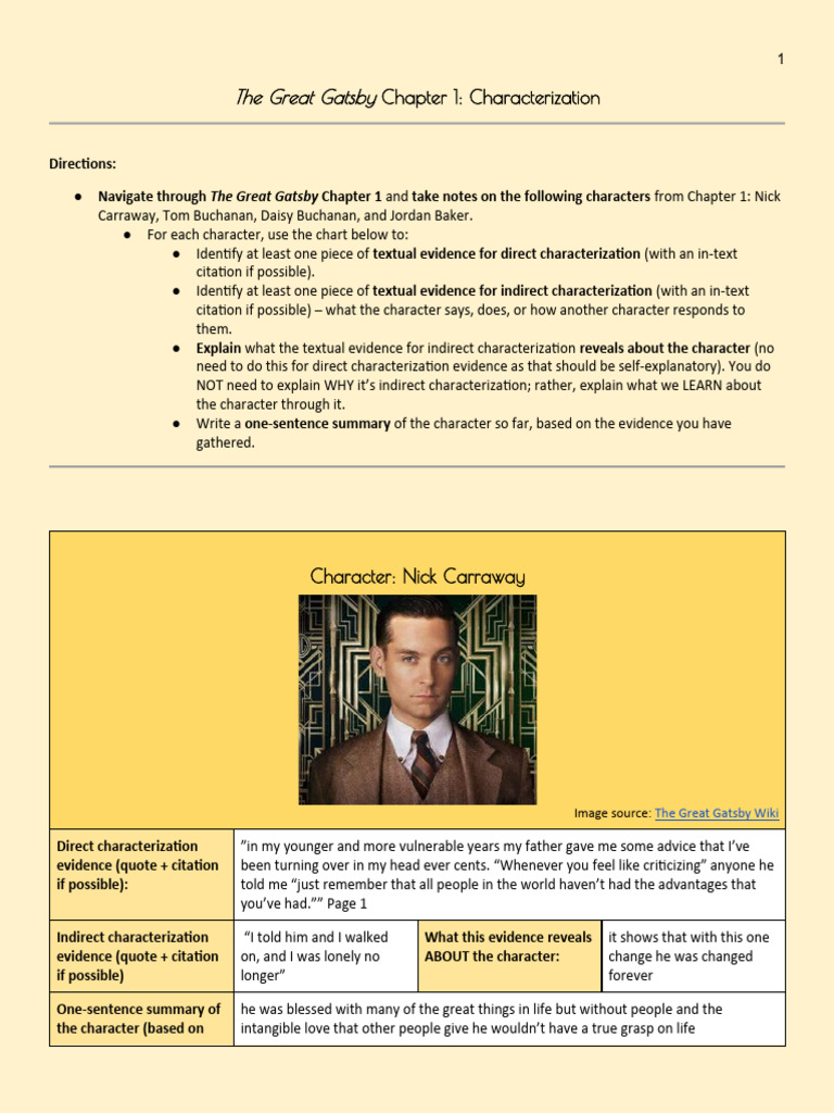Emerson Leahy - The Great Gatsby Chapter 1 Characterization | PDF | The ...